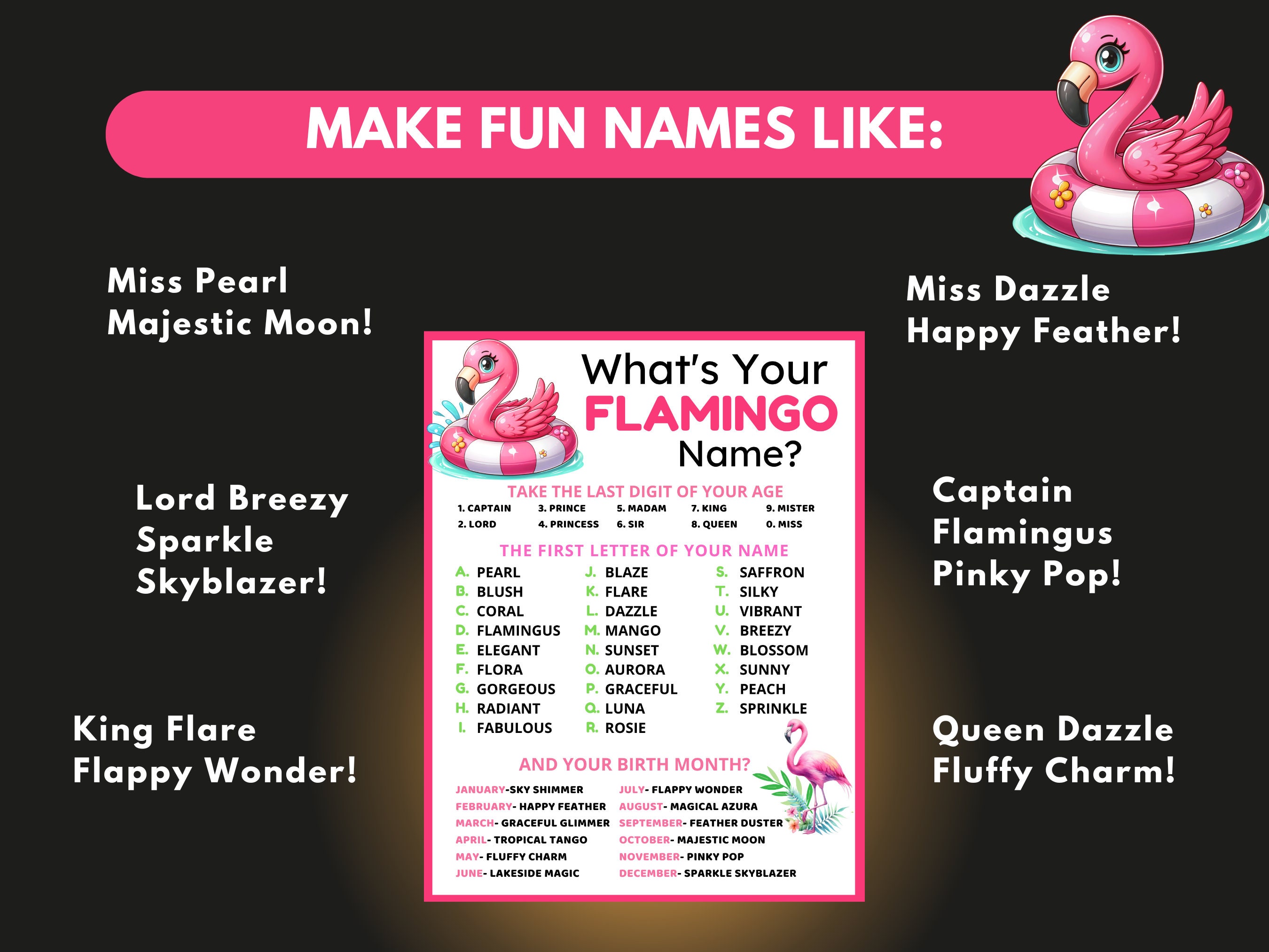 What's Your Flamingo Name Game With Name Tags + Flamingo Sign, Flamingo ...