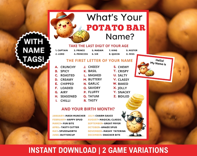 What's Your Potato Bar Name Game WITH NAMETAGS +sign,baked Potato Bar ...