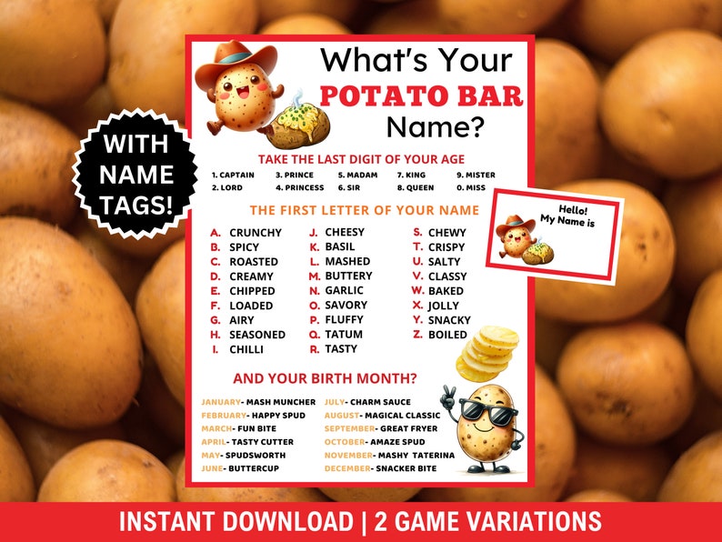 What's Your Potato Bar Name Game With Name Tags+ Sign, Potato Bar Party ...
