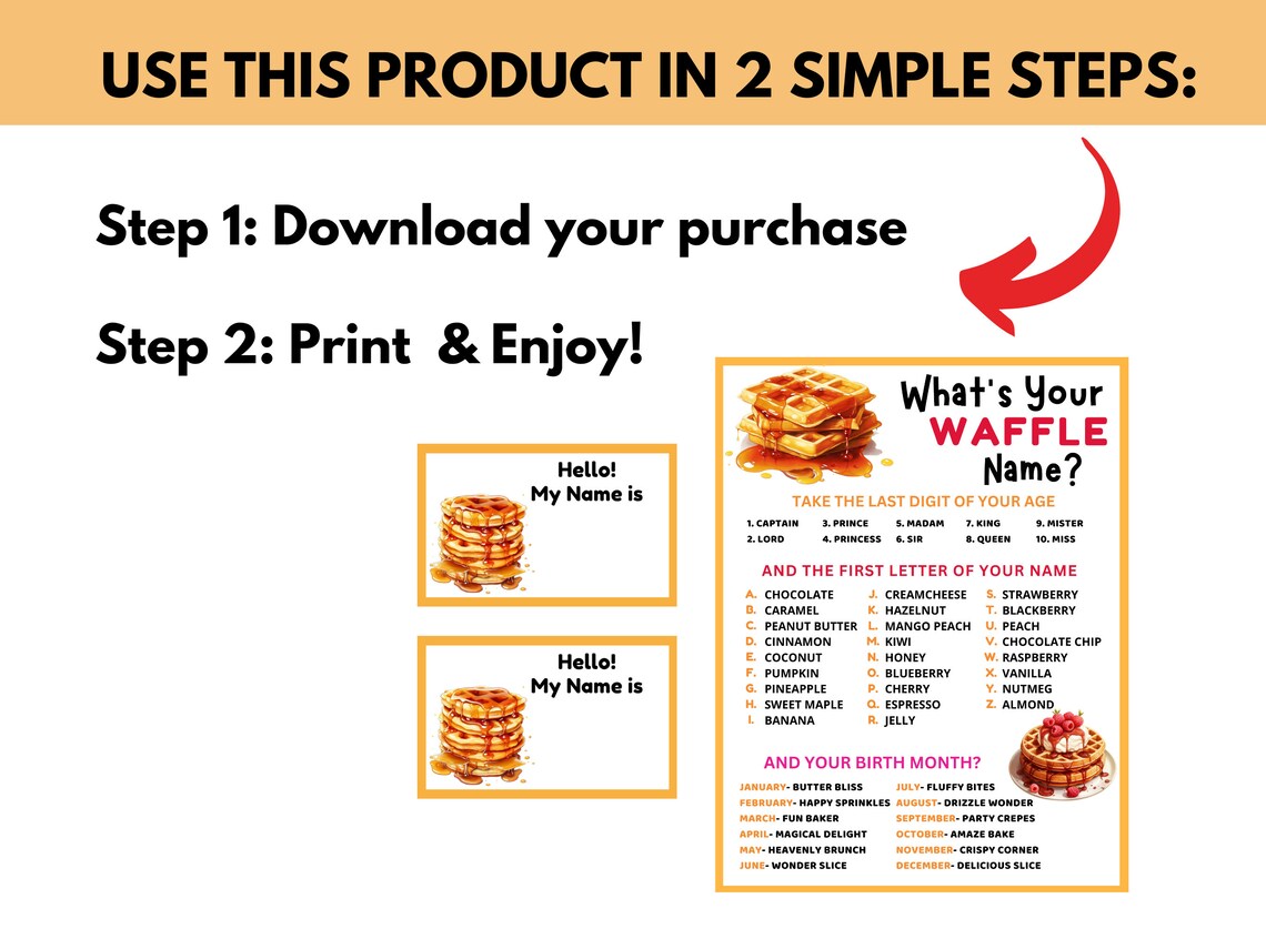 What's Your Waffle Name Game With Name Tags + Waffle Sign, Waffle Party ...