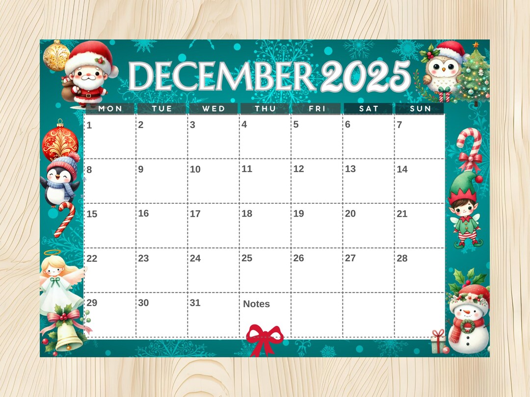 December 2025 Calendar Printable Cute Green, Christmas Theme Calendar ...