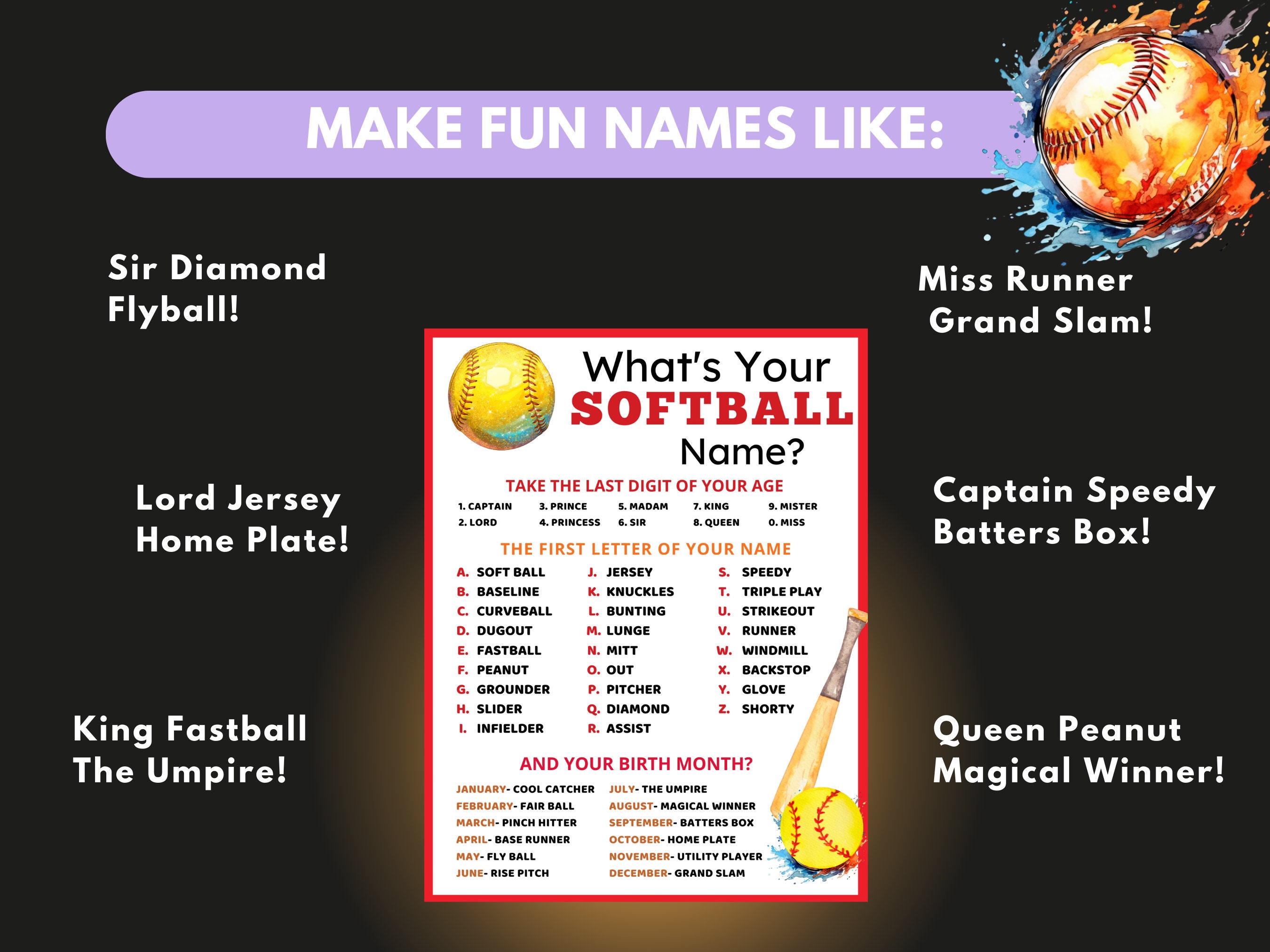 What's Your Softball Name Game With Name Tags & Softball Sign, Softball ...