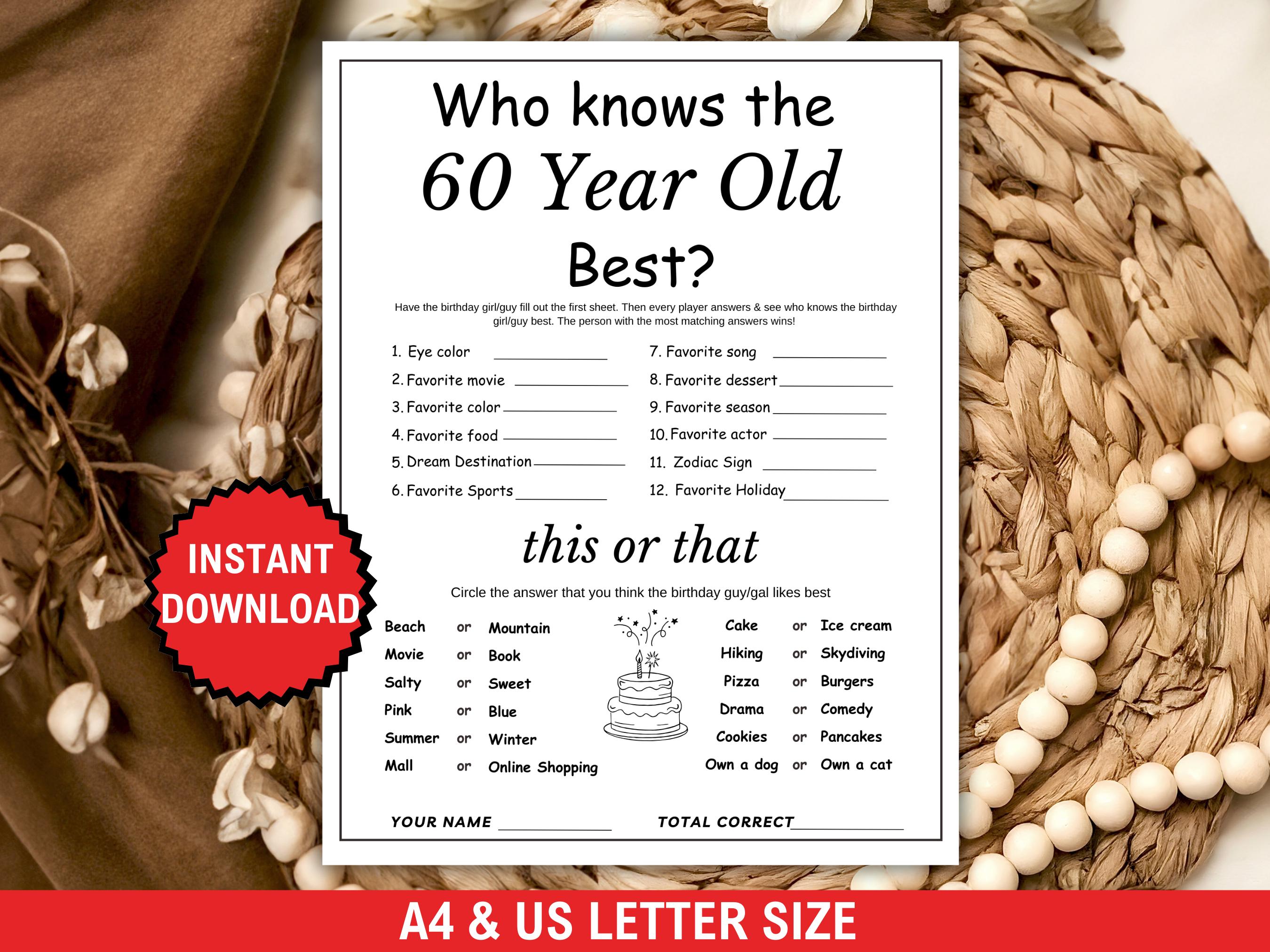 Who Knows the 60 Year Old Best, 60th Birthday Game, Printable, 60th ...
