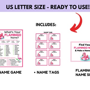 What's Your Flamingo Name Game With Name Tags + Flamingo Sign, Flamingo ...