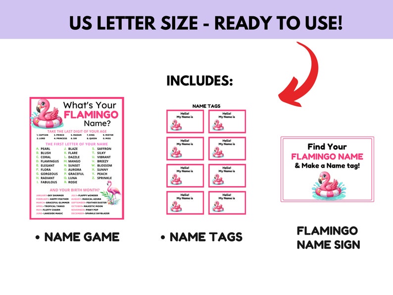 What's Your Flamingo Name Game With Name Tags + Flamingo Sign, Flamingo ...