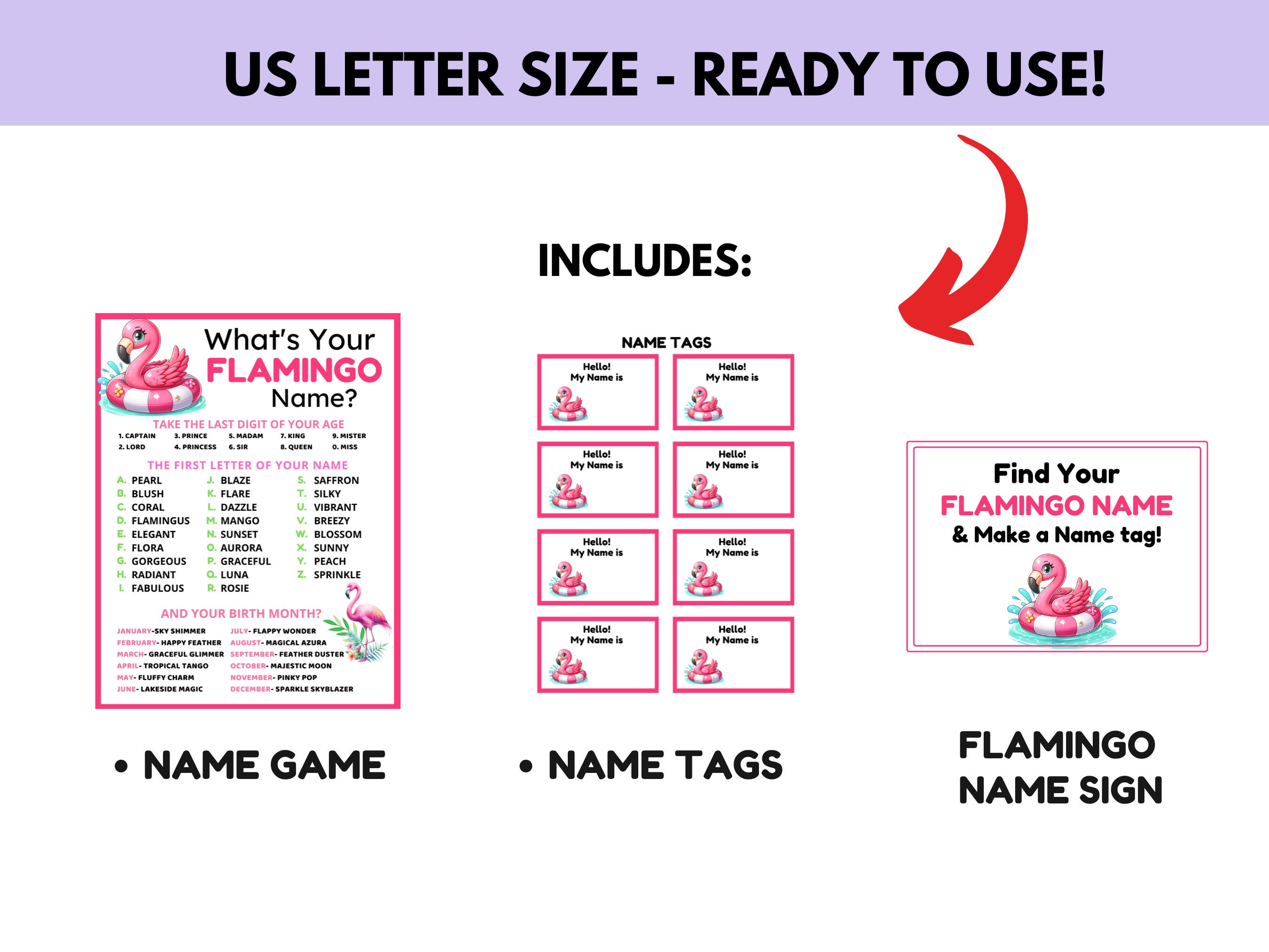 What's Your Flamingo Name Game With Name Tags + Flamingo Sign, Flamingo ...