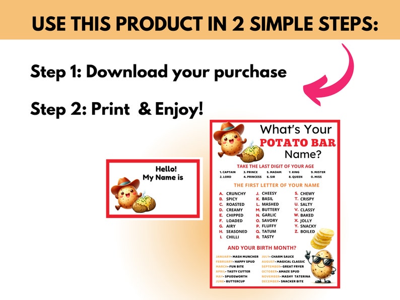 What's Your Potato Bar Name Game With Name Tags+ Sign, Potato Bar Party ...