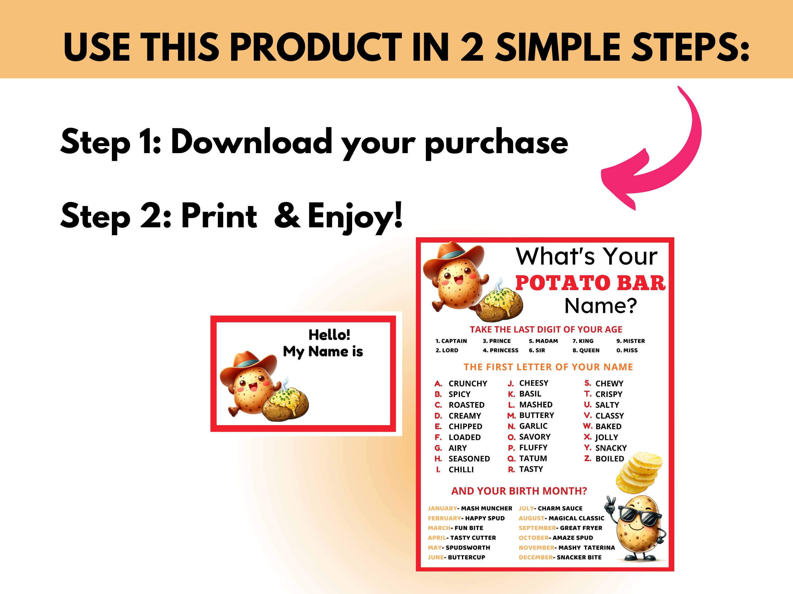 What's Your Potato Bar Name Game With Name Tags+ Sign, Potato Bar Party ...