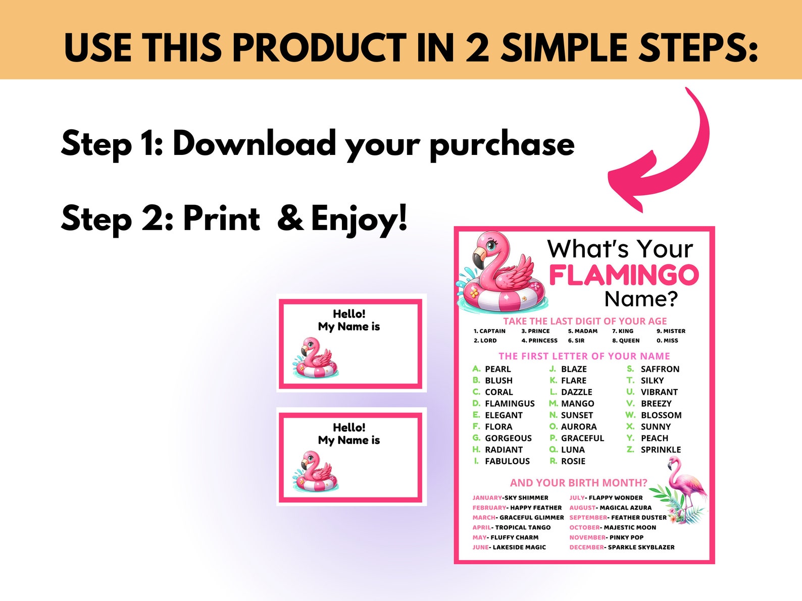 What's Your Flamingo Name Game With Name Tags + Flamingo Sign, Flamingo ...