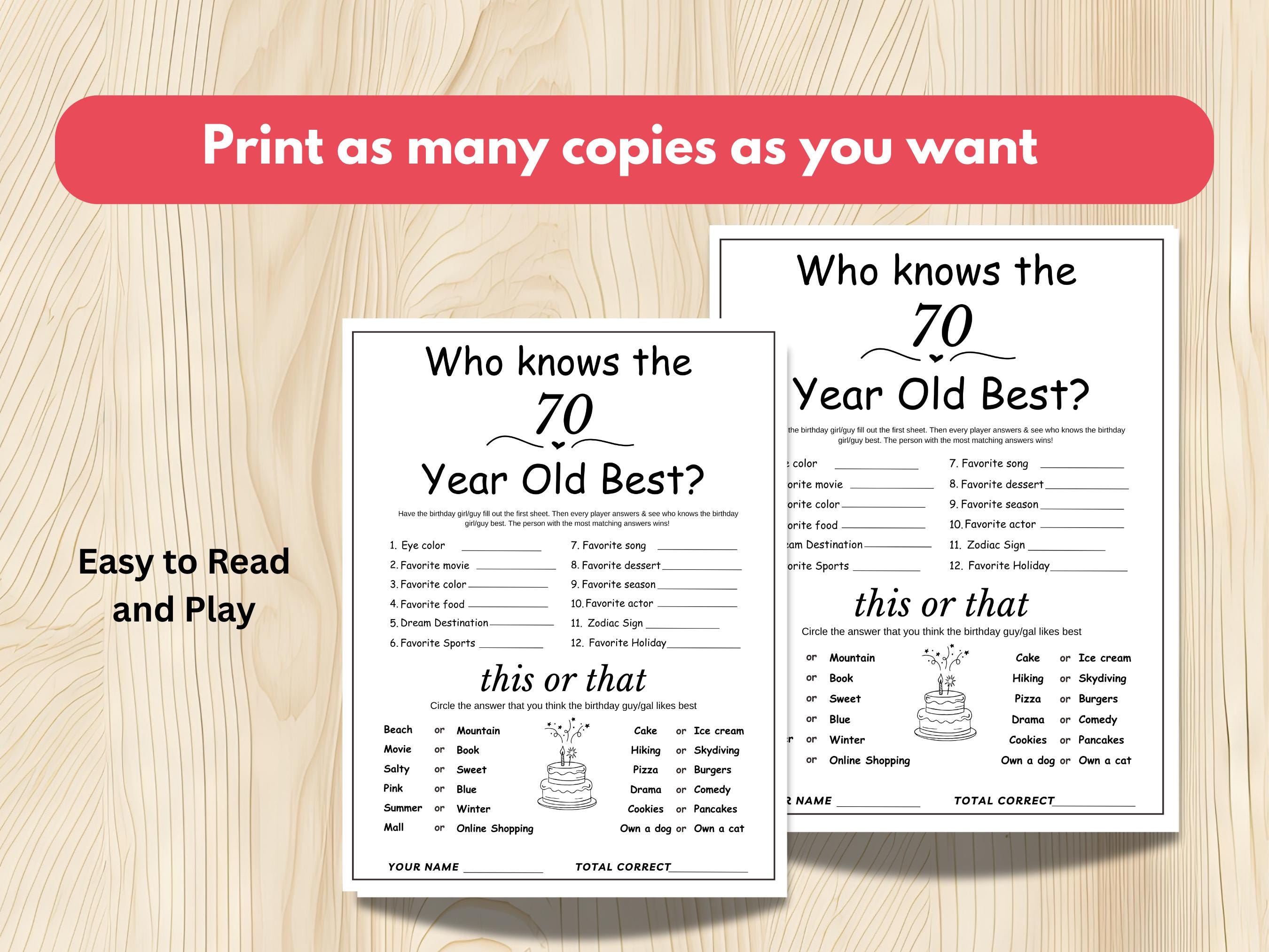 Who Knows the 70 Year Old Best Game, 70th Birthday Game, Printable ...