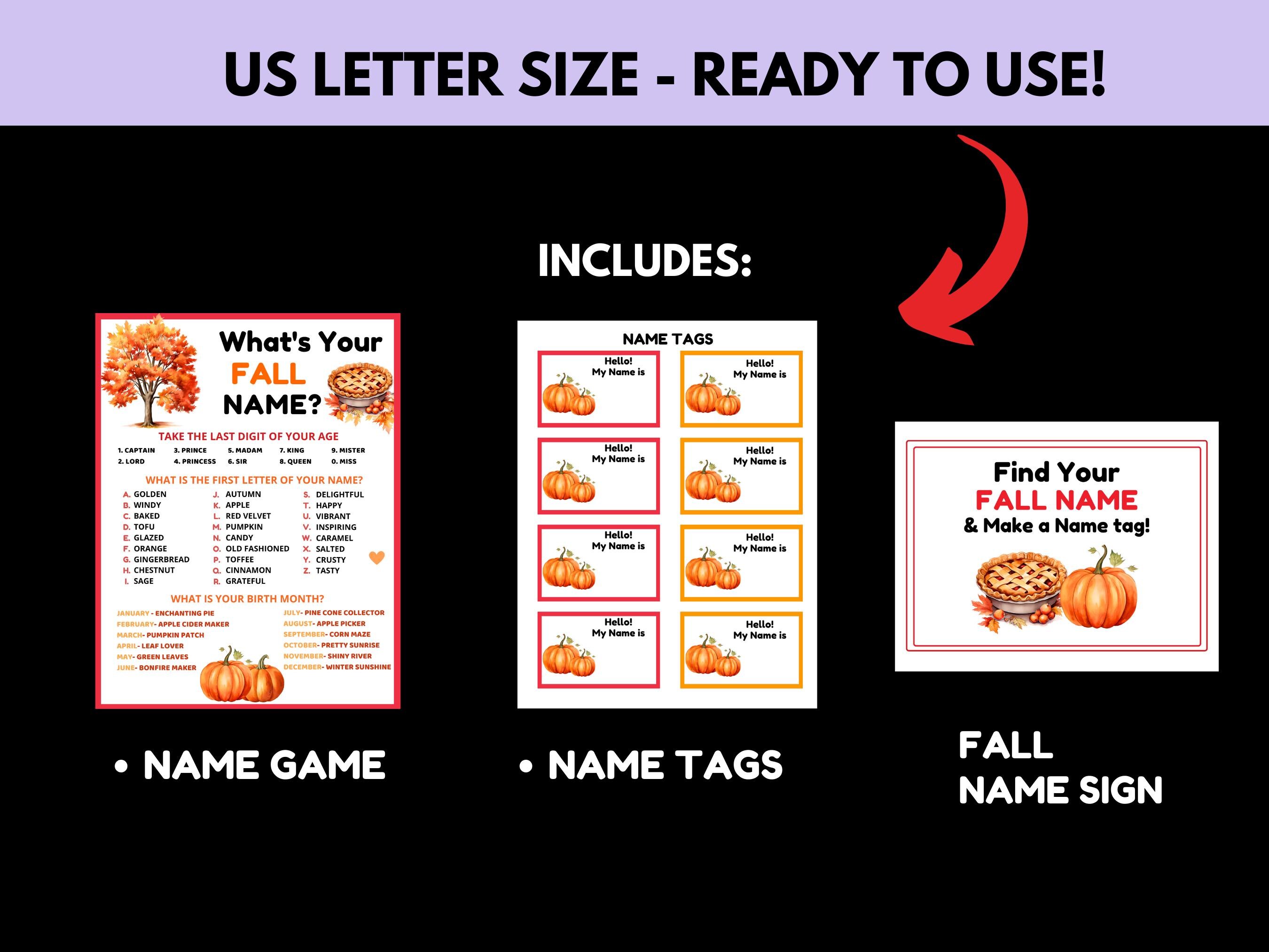What's Your Fall Name Game With Fall Name Tags + Fall Sign, Fall Party ...