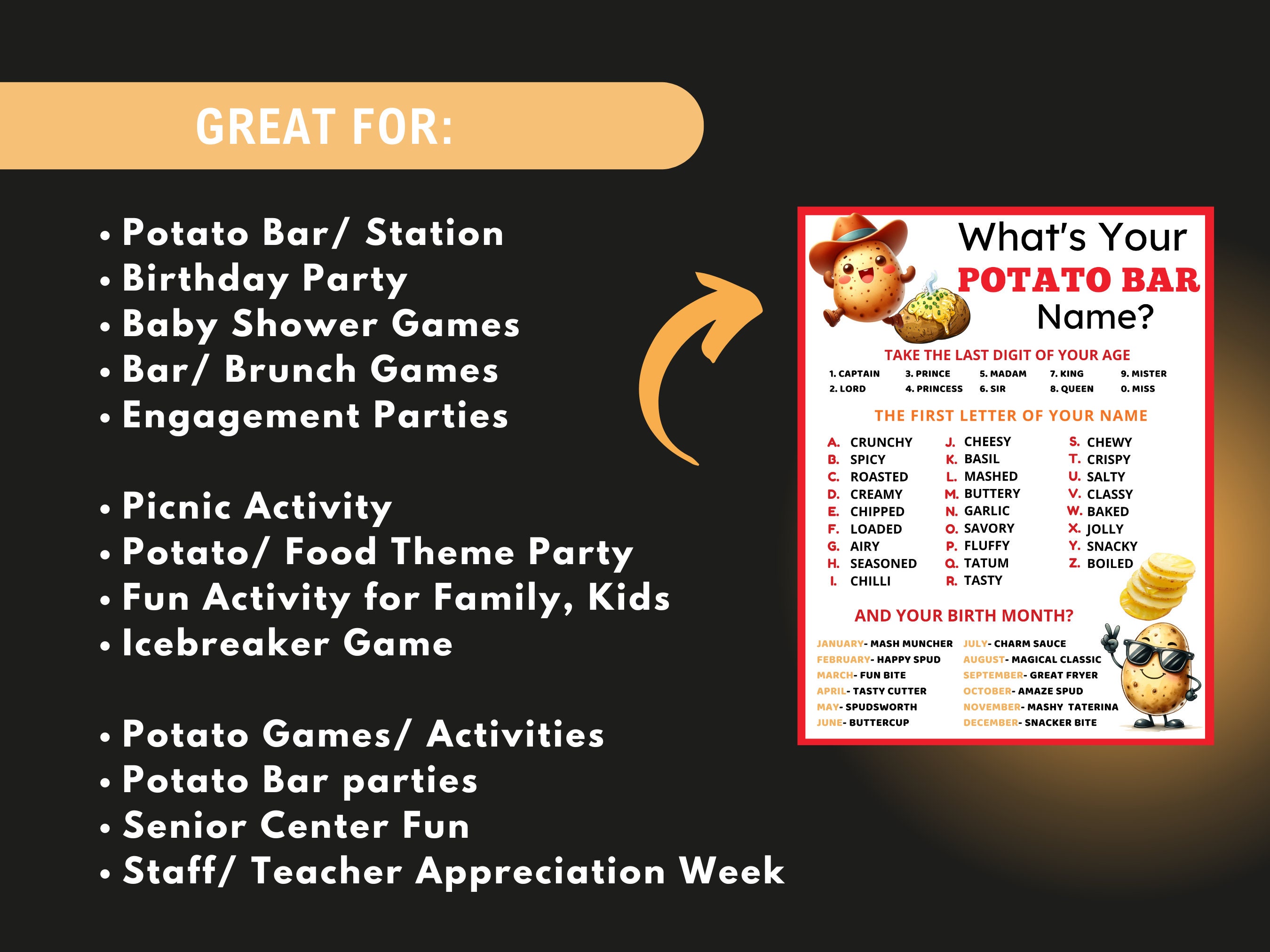 What's Your Potato Bar Name Game With Name Tags+ Sign, Potato Bar Party ...