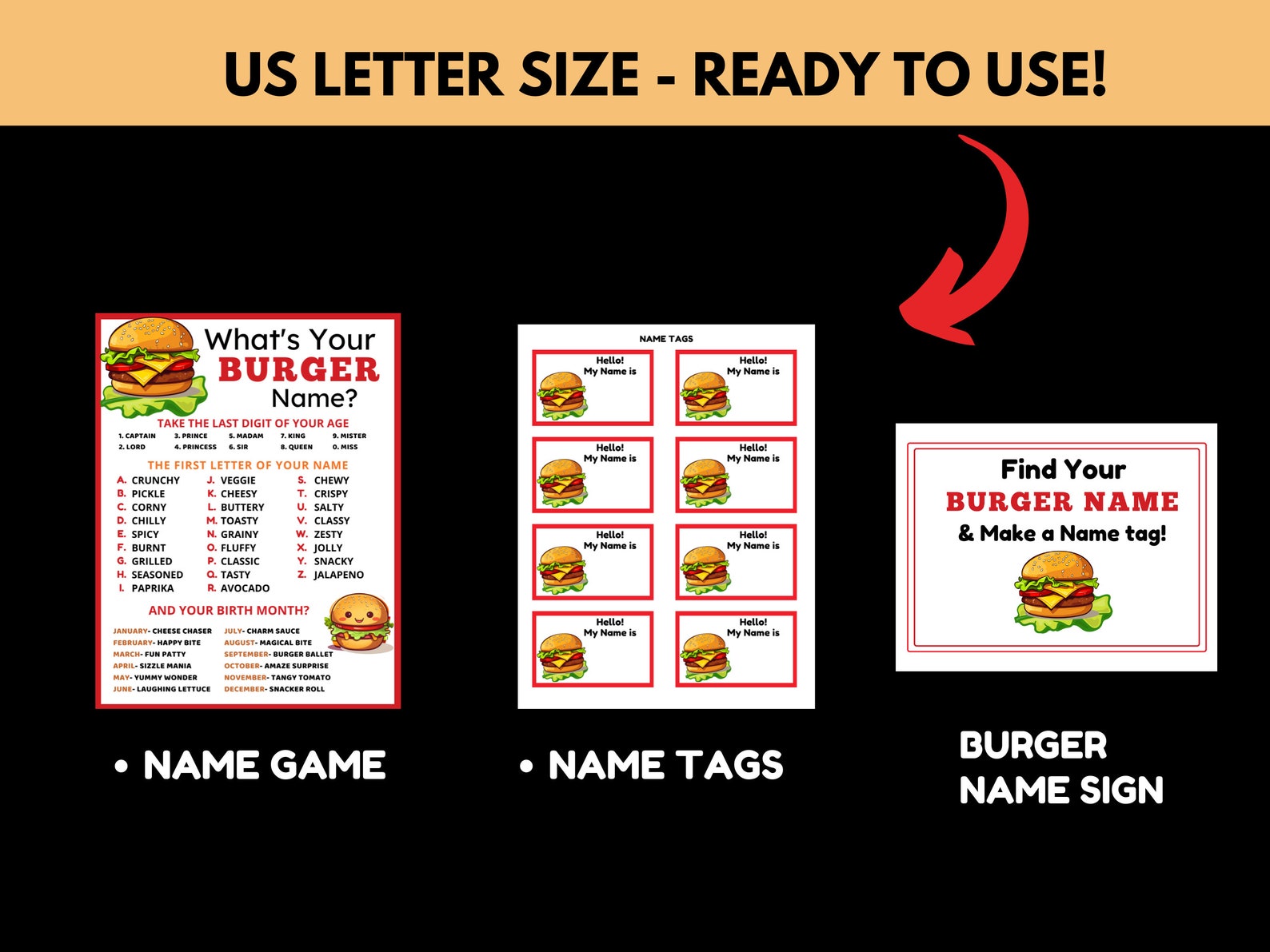 What's Your Burger Name Game With Name Tags & Burger Sign, Burger ...