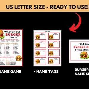 What's Your Burger Name Game With Name Tags & Burger Sign, Burger ...