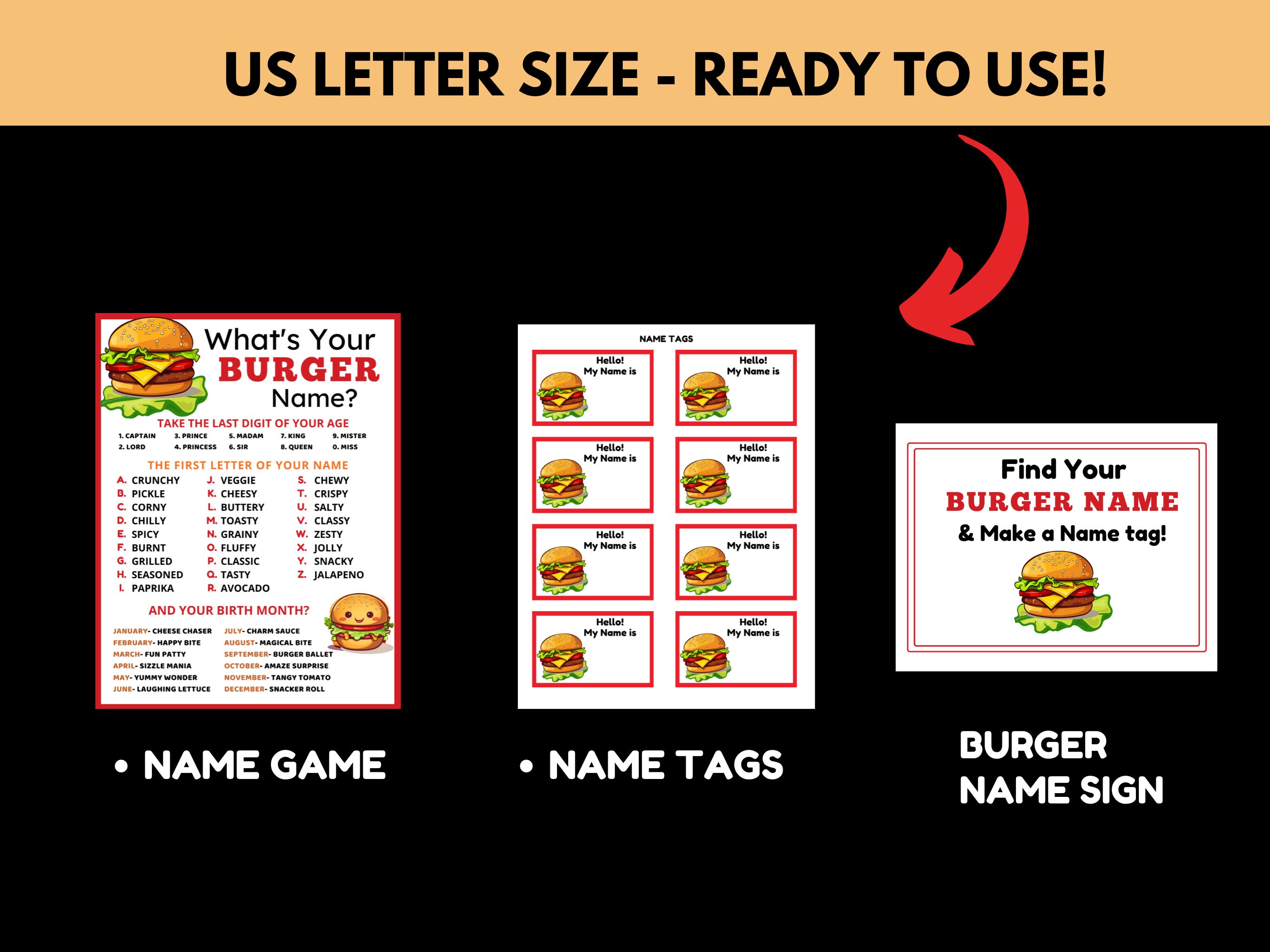 What's Your Burger Name Game With Name Tags & Burger Sign, Burger ...