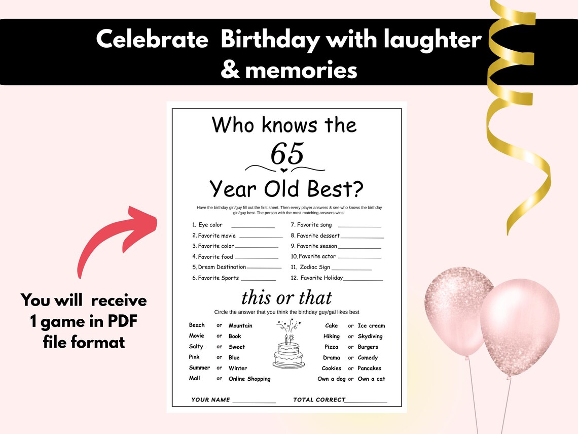 Who Knows the 65 Year Old Best Game, 65th Birthday Game, Printable ...