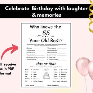 Who Knows the 65 Year Old Best Game, 65th Birthday Game, Printable ...