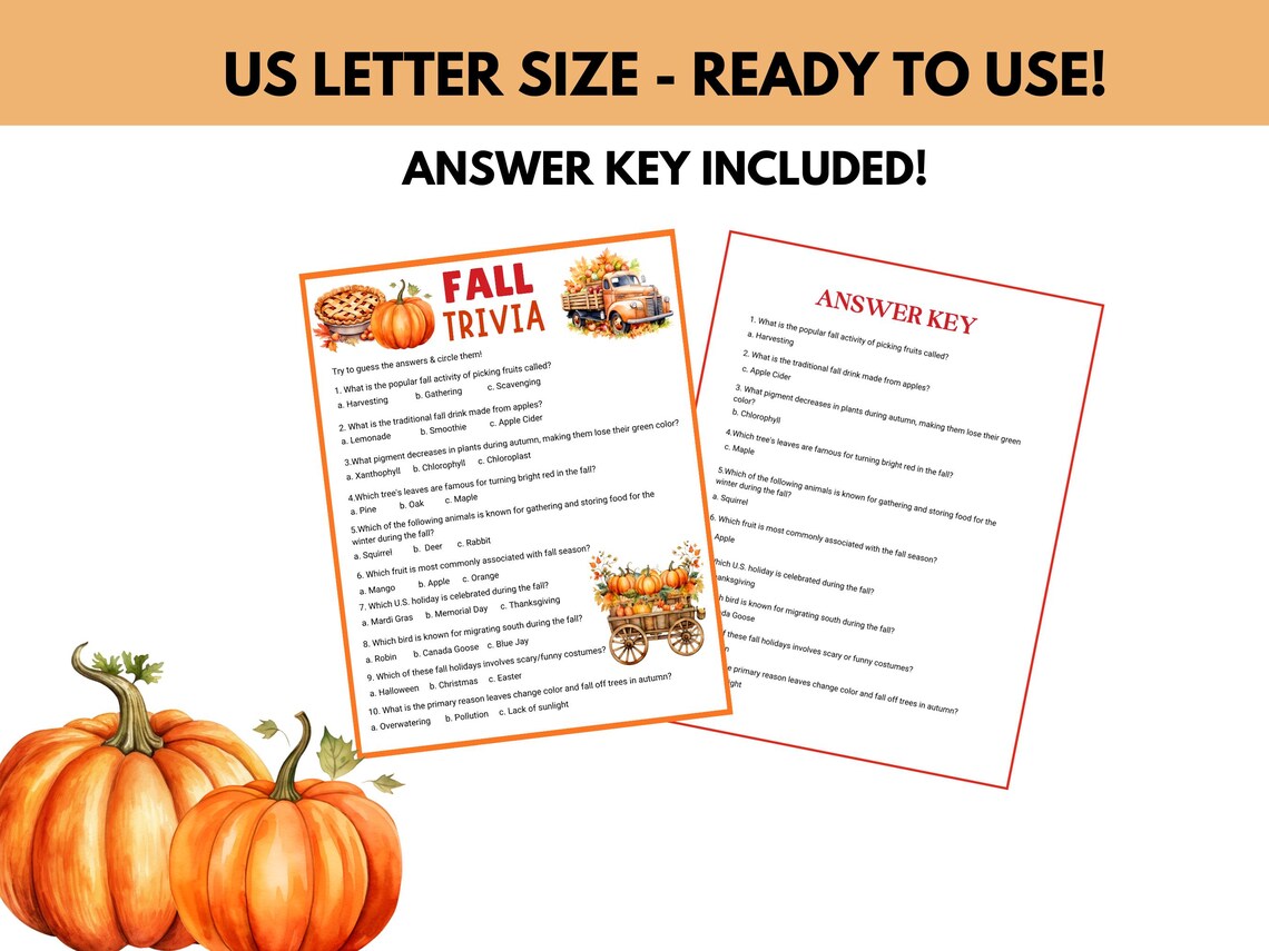 Fall Trivia Game, Autumn Themed Quiz, Fun Fall Activity for Kids and ...