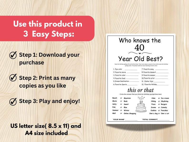 Who Knows the 40 Year Old Best Game, 40th Birthday Game, Printable ...