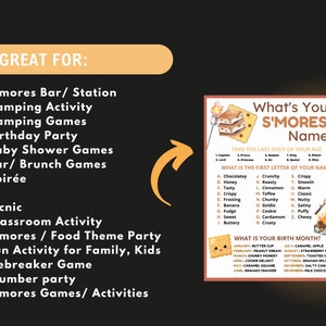 What's Your S'mores Name Game With Name Tags+ Smores Sign, Camp Game, S ...