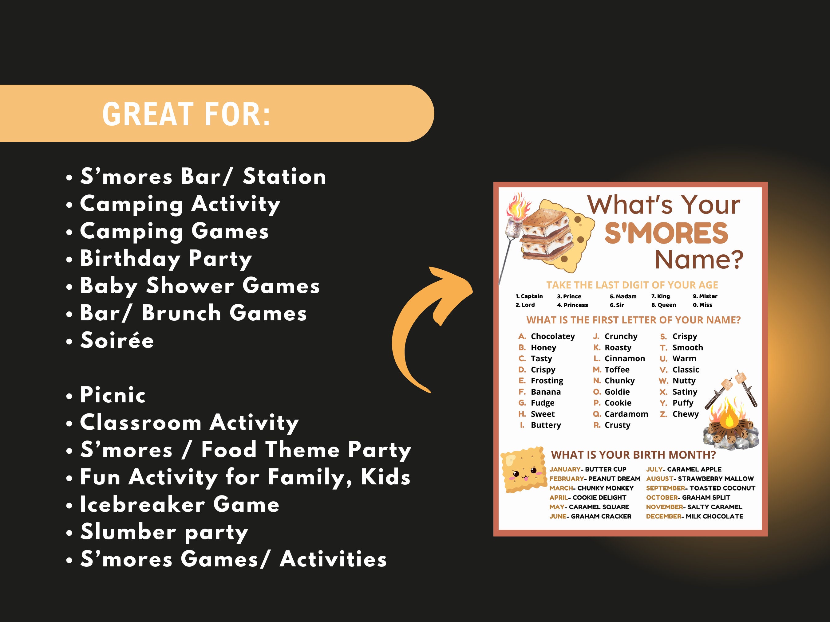 What's Your S'mores Name Game With Name Tags+ Smores Sign, Camp Game, S ...