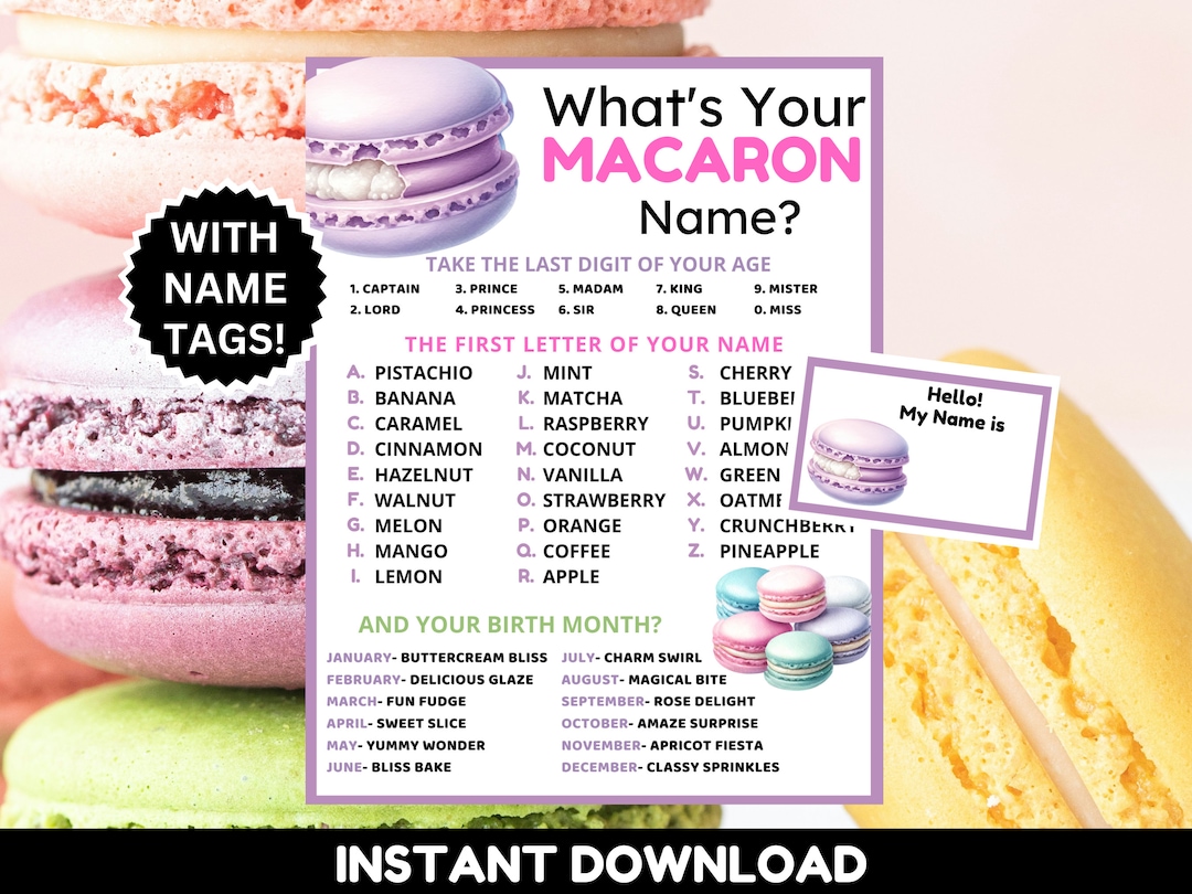 What's Your Macaron Name Game With Name Tags & Macaron Sign, Paris ...