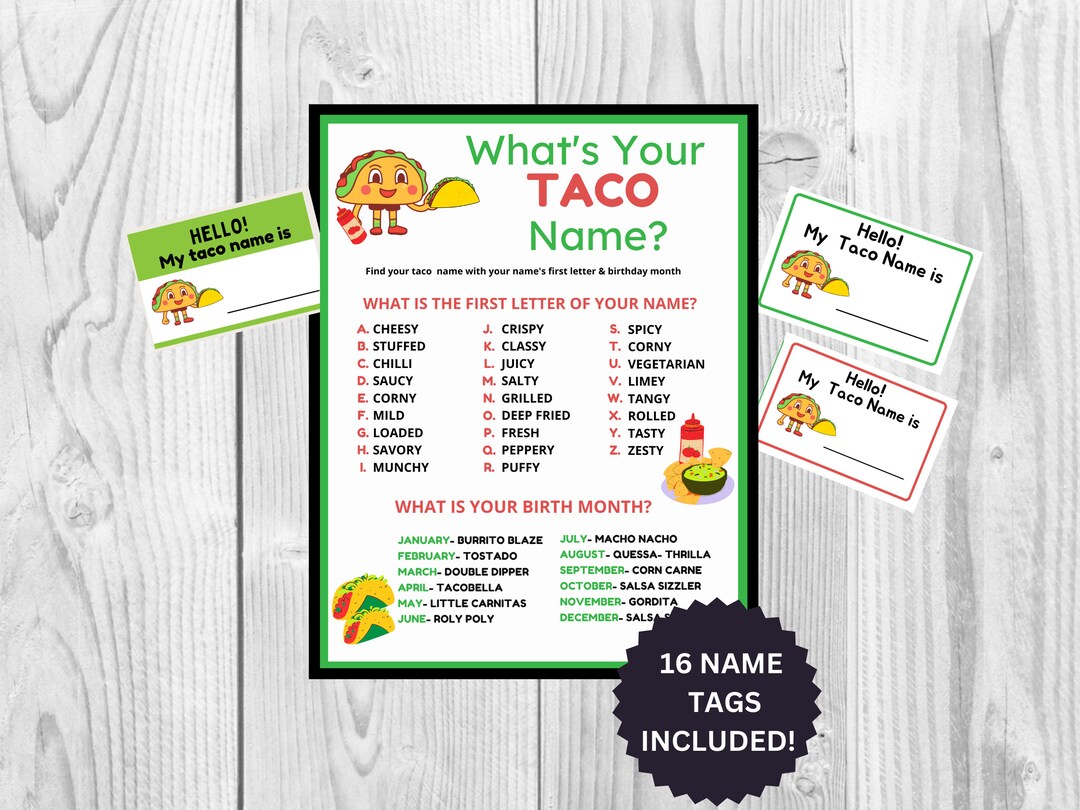 What's Your Taco Name Game Taco Name Tags and Sign Cinco - Etsy