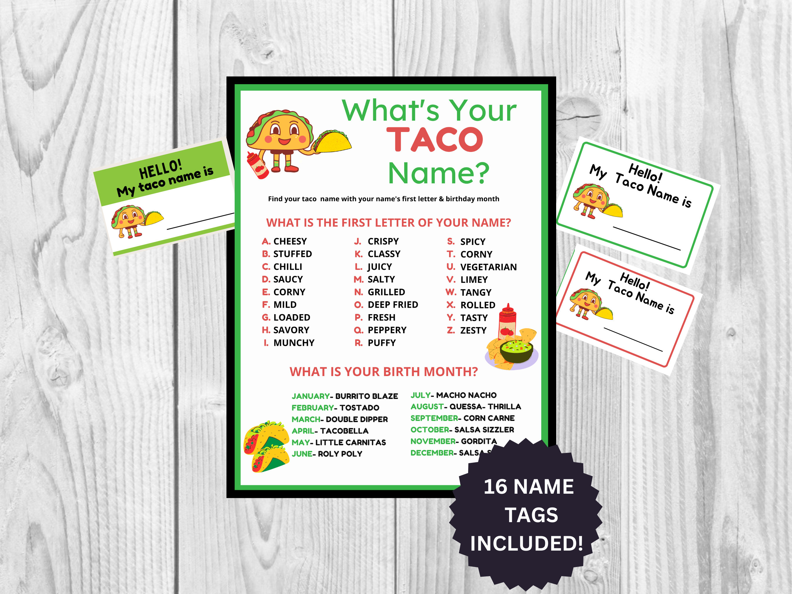 What's Your Taco Name Game, Taco Name Tags and Sign, Cinco De Mayo ...
