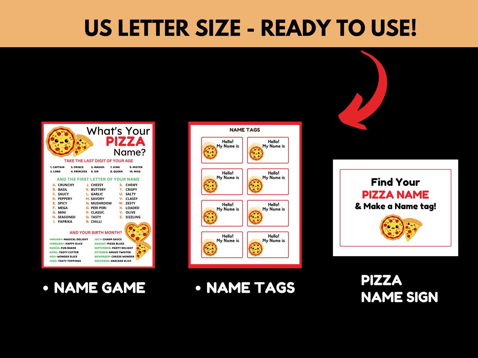 What's Your Pizza Name With Name Tags + Pizza Name Sign, Pizza Day ...