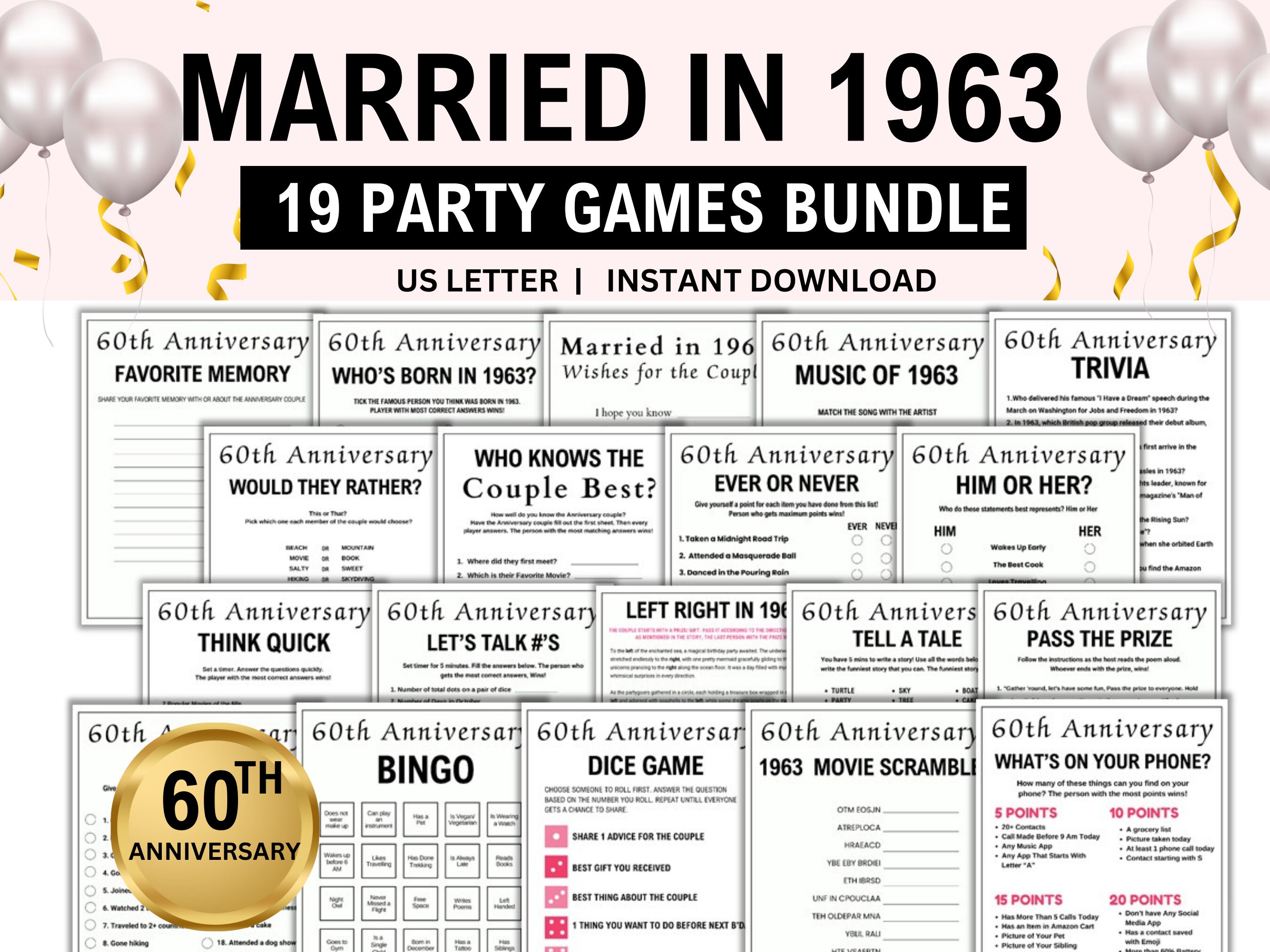 60th Wedding Anniversary Games, Married in 1963 Game, Printable 19 Game ...