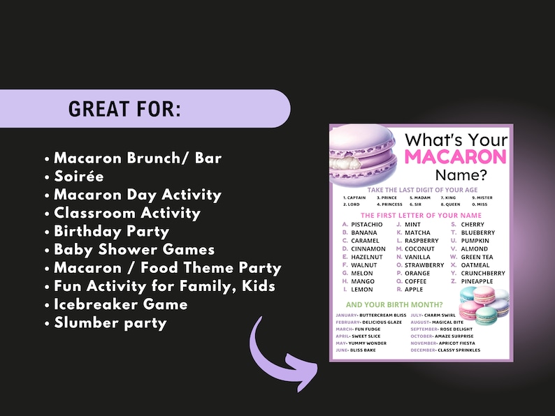 What's Your Macaron Name Game With Name Tags & Macaron Sign, Paris ...