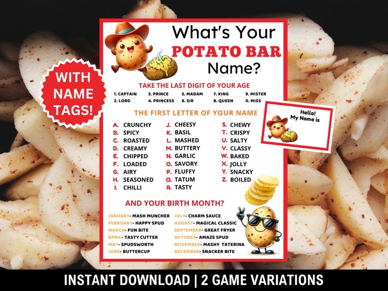 What's Your Potato Bar Name Game With Name Tags+ Sign, Potato Bar Party ...
