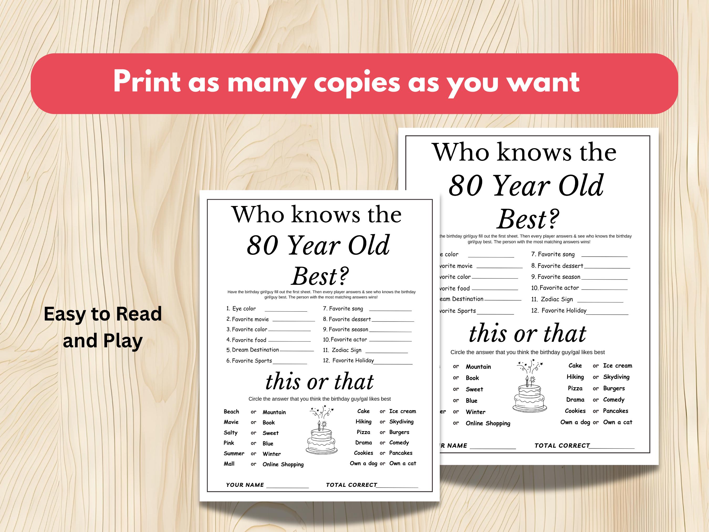 Who Knows the 80 Year Old Best Game, 80th Birthday Game Printable, 80th ...