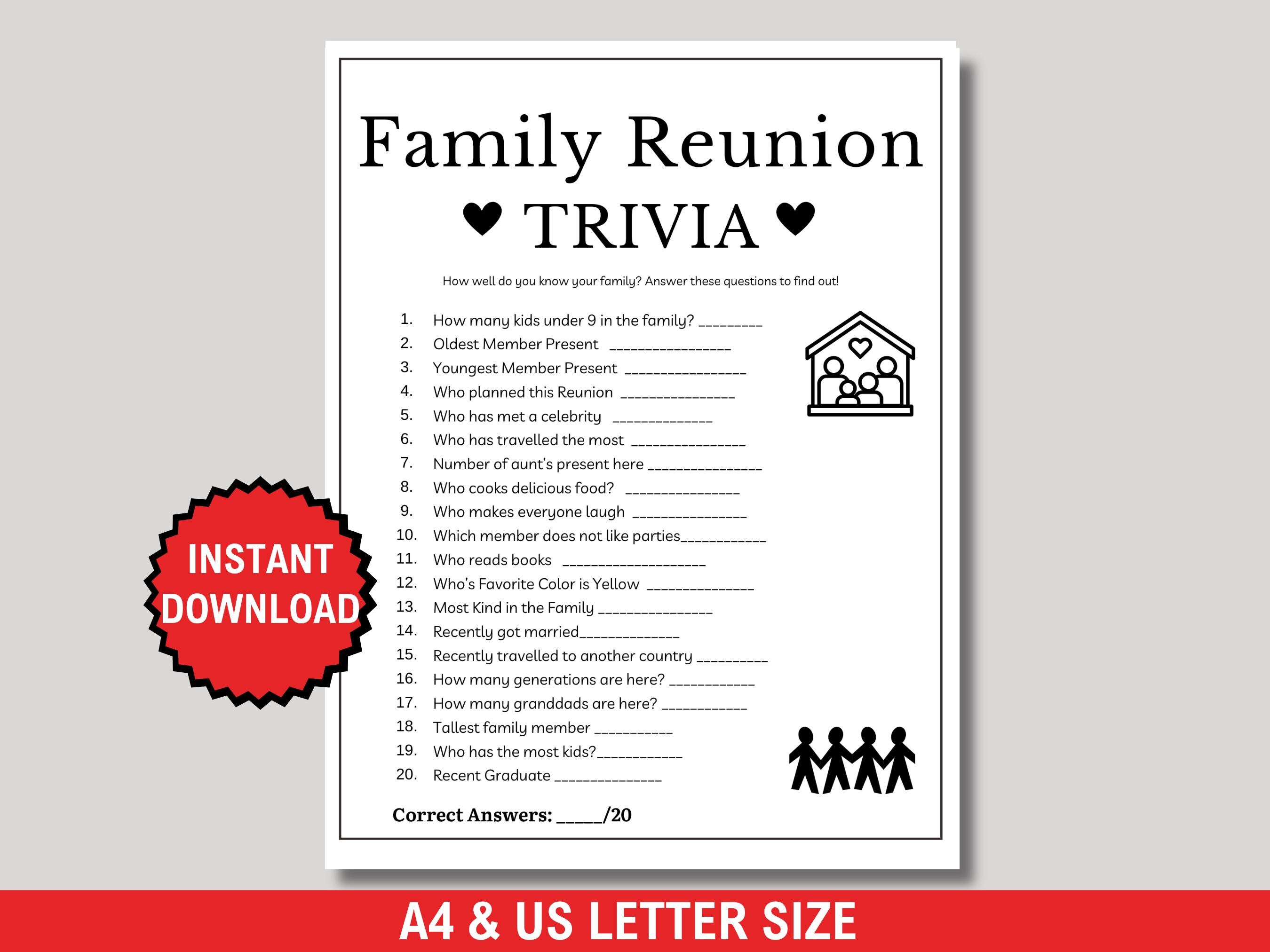 Family Reunion Trivia Party Game, Printable Family Reunion Icebreaker ...