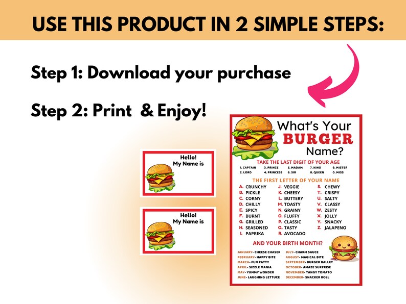 What's Your Burger Name Game With Name Tags & Burger Sign, Burger ...