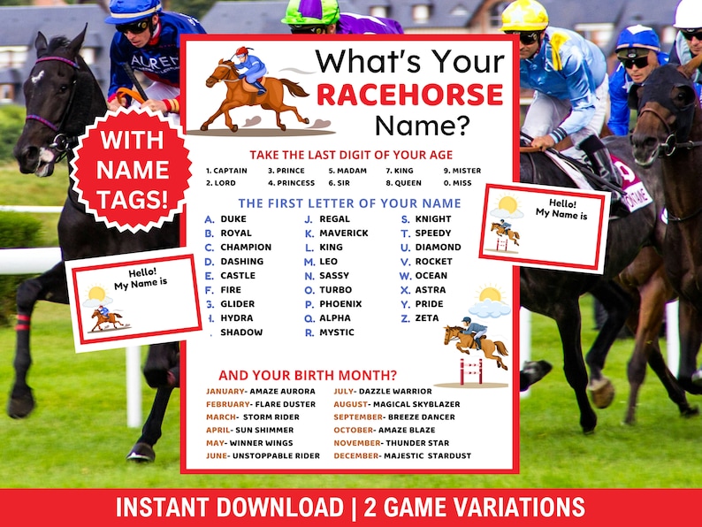 What's Your Race Horse Name Game With Name Tags+ Race Horse Sign, Derby ...