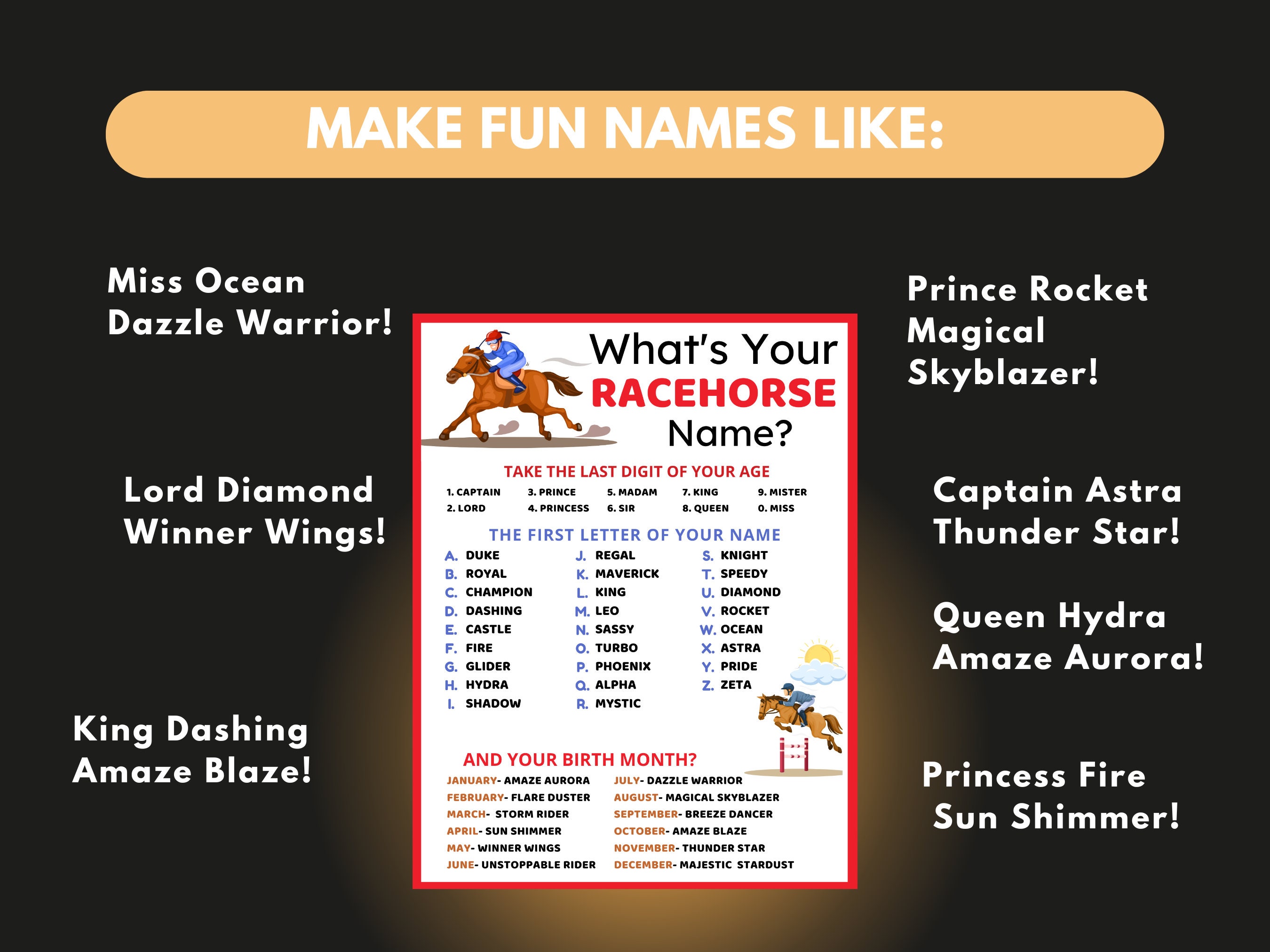 What's Your Race Horse Name Game With Name Tags+ Race Horse Sign, Derby ...
