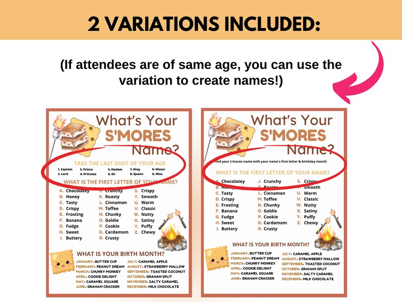 What's Your S'mores Name Game With Name Tags+ Smores Sign, Camp Game, S ...