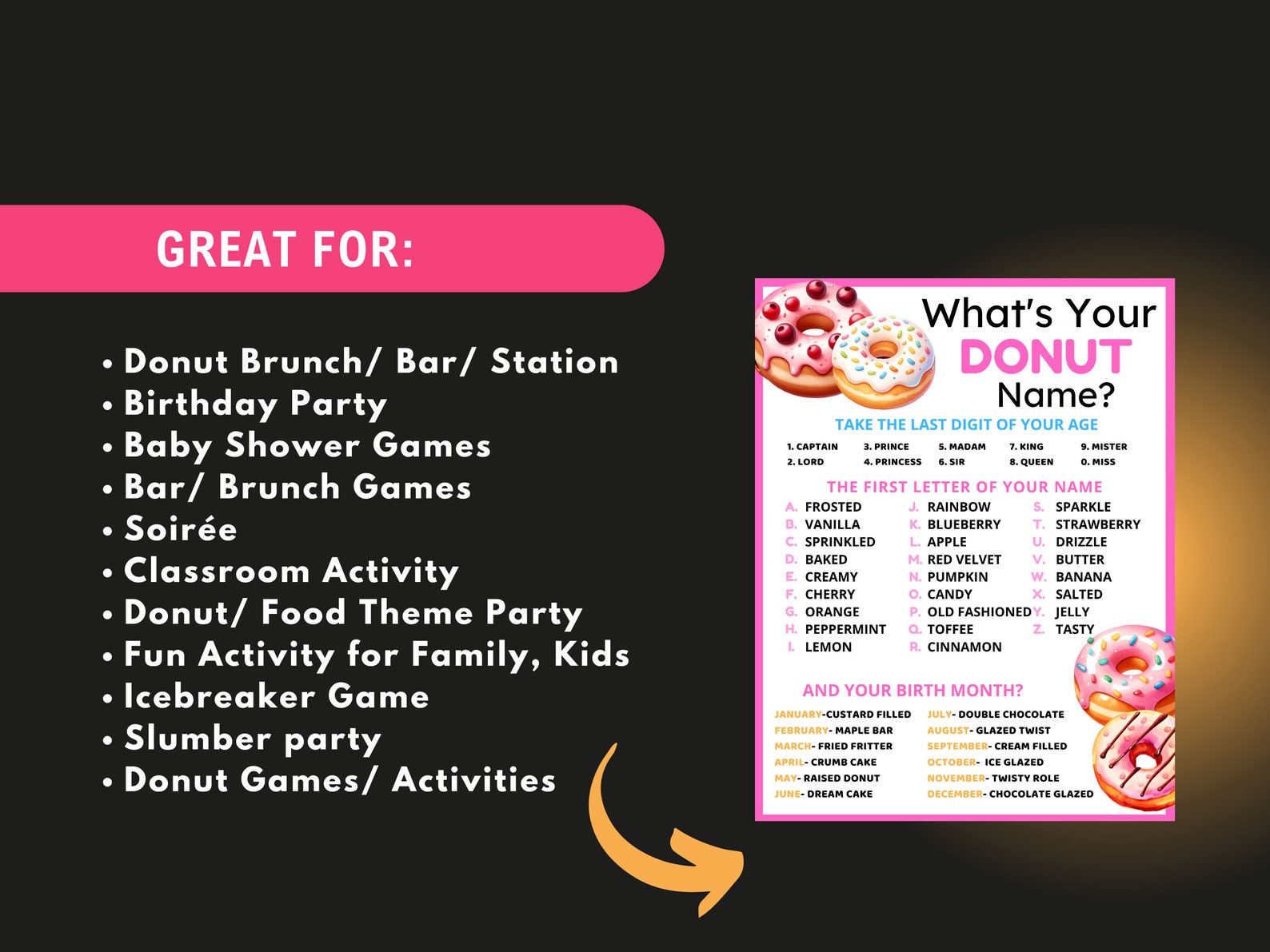 What's Your Donut Name Game With Name Tags + Donut Name Sign, Donut ...