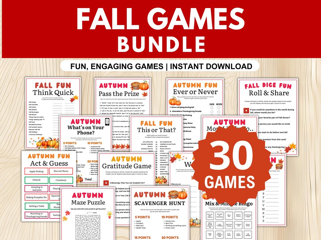 Fall Game Bundle, 30 Fun Printable Games for Kids, Seniors, Fall Games ...