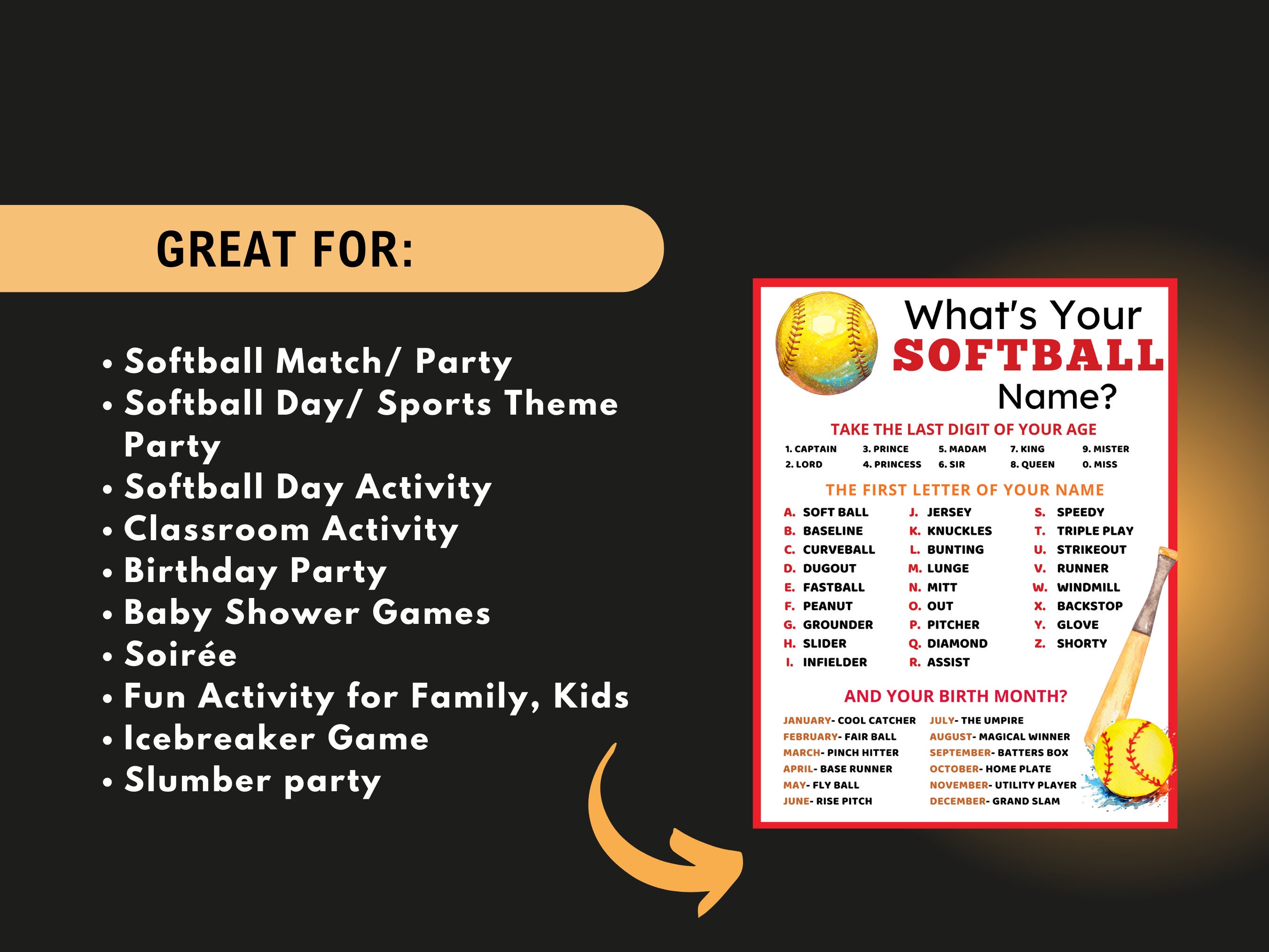 What's Your Softball Name Game With Name Tags & Softball Sign, Softball ...