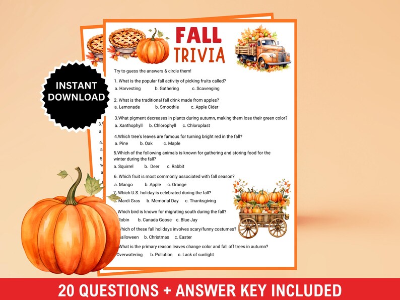 Fall Trivia Game, Autumn Themed Quiz, Fun Fall Activity for Kids and ...