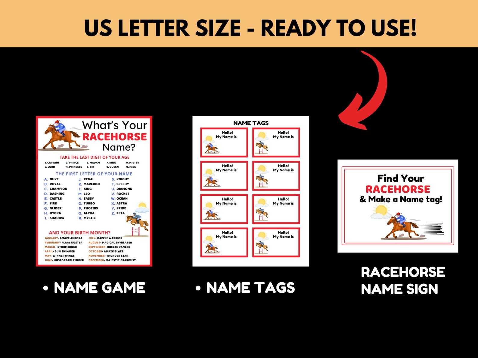 What's Your Race Horse Name Game With Name Tags+ Race Horse Sign, Derby ...