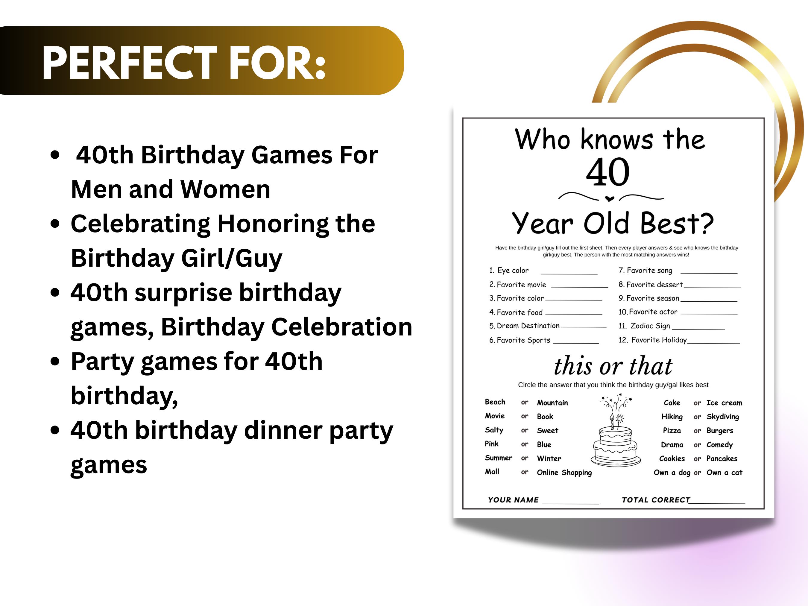 Who Knows the 40 Year Old Best Game, 40th Birthday Game, Printable ...