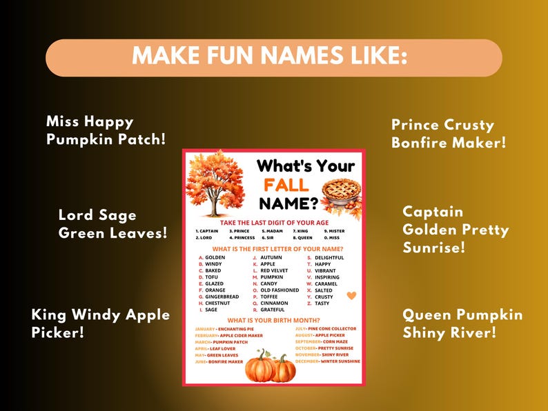What's Your Fall Name Game With Fall Name Tags + Fall Sign, Fall Party ...