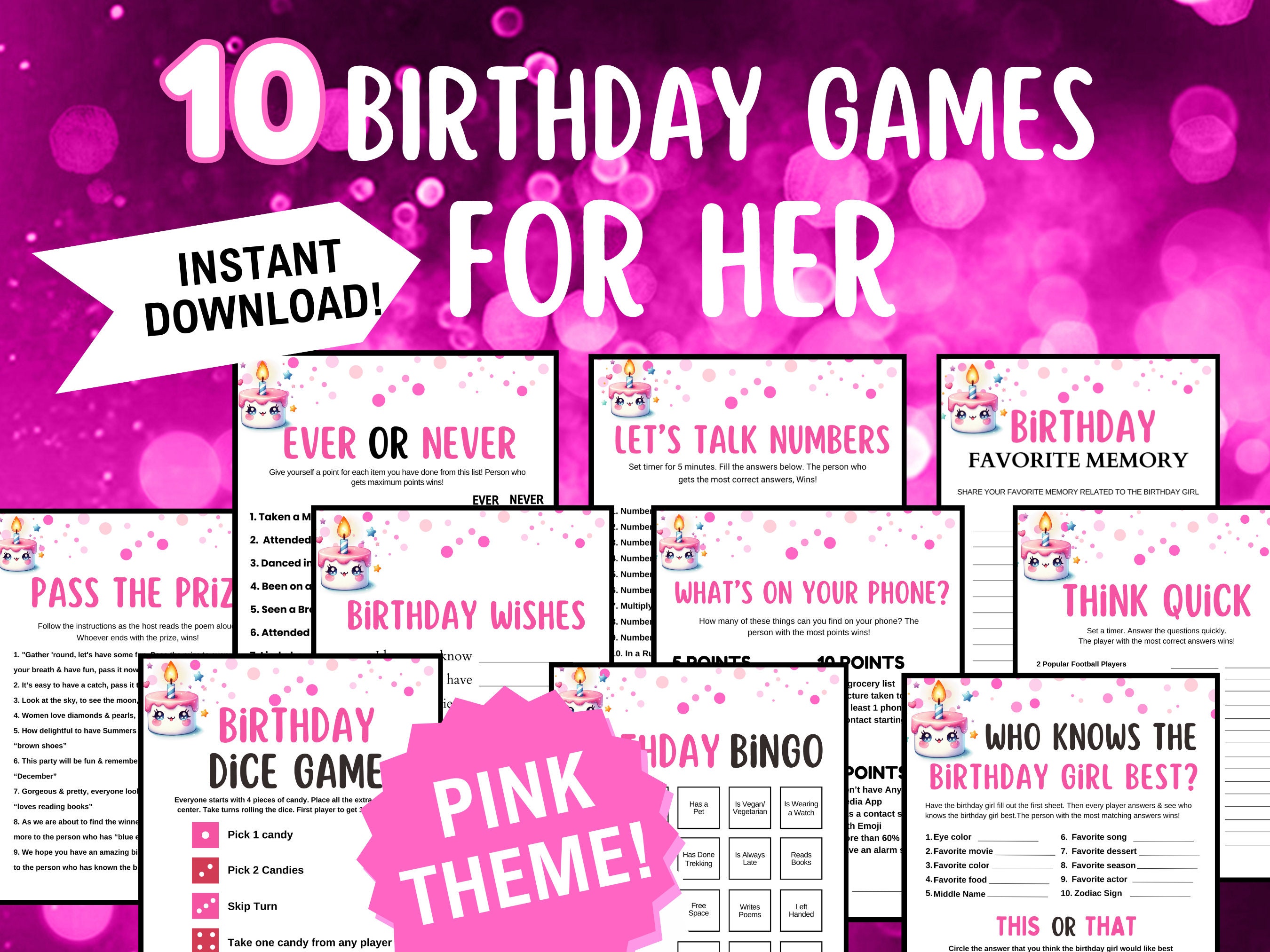 Pink Birthday Games Bundle, 10 Girls Birthday Games, Princess Birthday ...