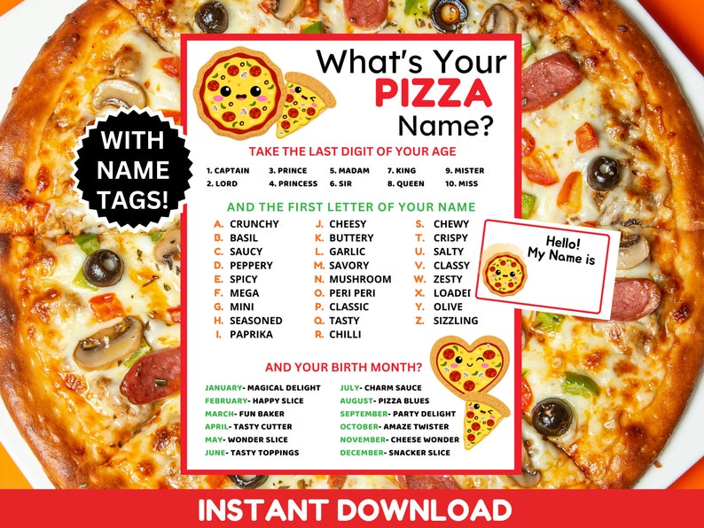 What's Your Pizza Name With Name Tags + Pizza Name Sign, Pizza Day ...