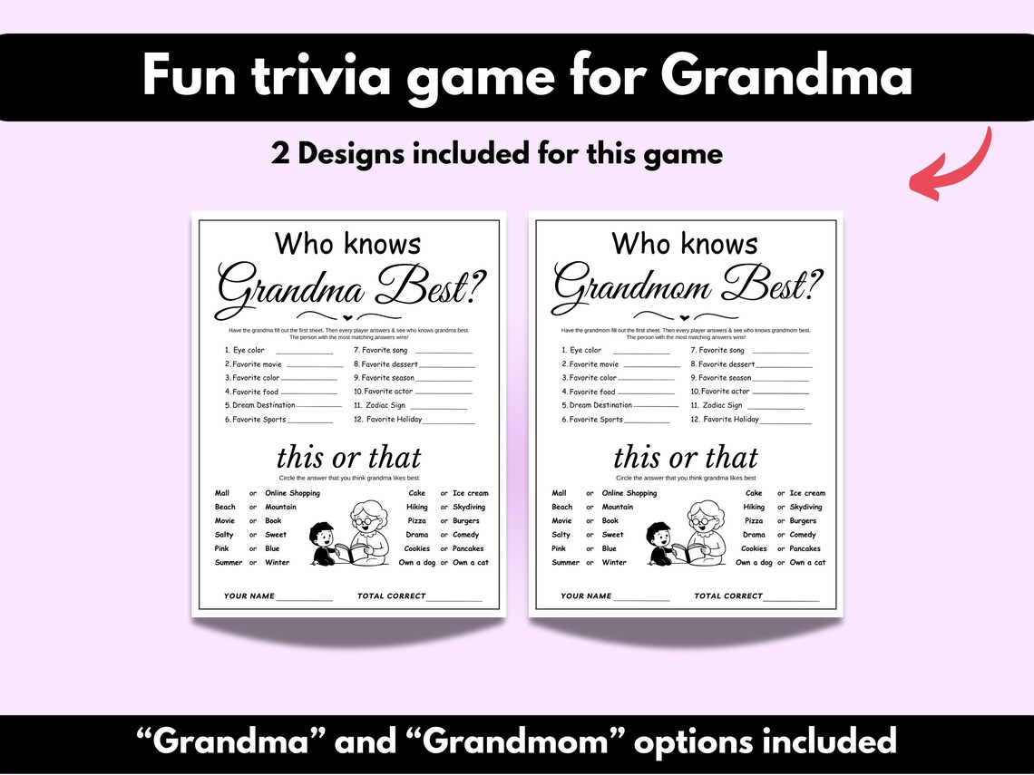 Who Knows Grandma Best, Grandparents Day, Grandma Trivia, Grandma Party ...