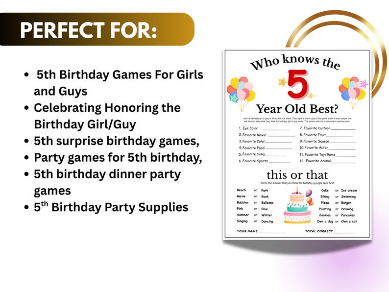 Who Knows the 5 Year Old Best, 5th Birthday Printables, 5th Birthday ...