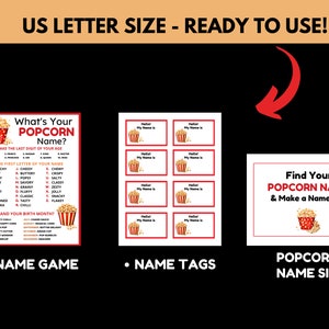 What's Your Popcorn Name Game With Name Tags + Popcorn Name Sign ...